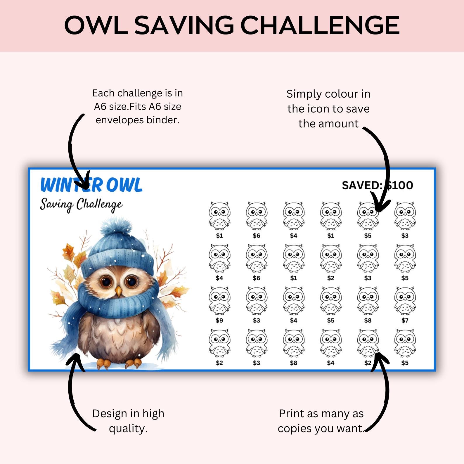Owl Savings Challenge Printable, A6 Mini Owl Saving Challenge, Money ...
