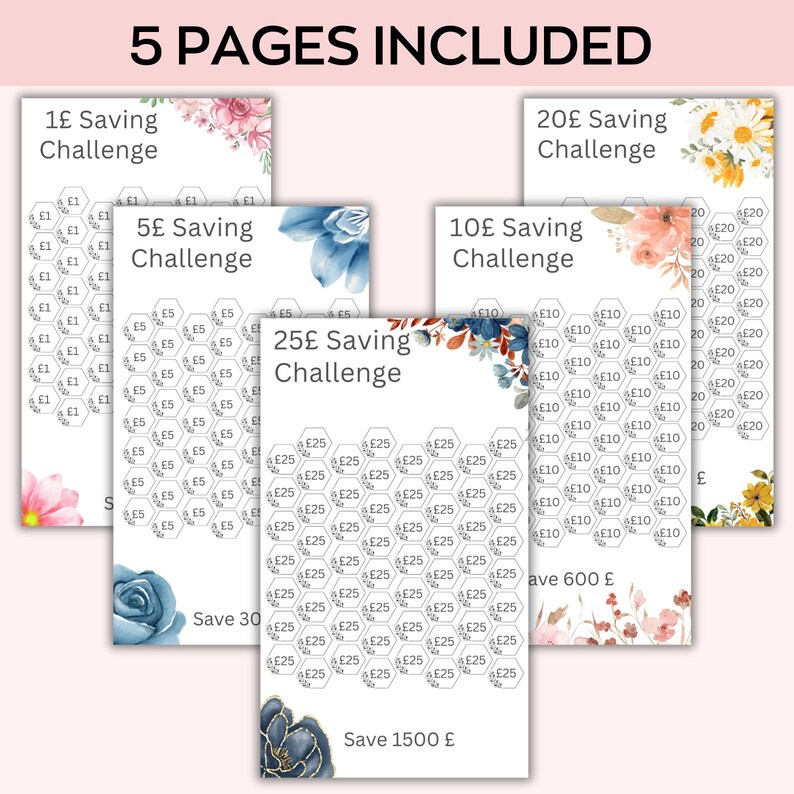 Pounds Saving Challenge Printable, Floral Saving Tacker, Cash Budgeting ...