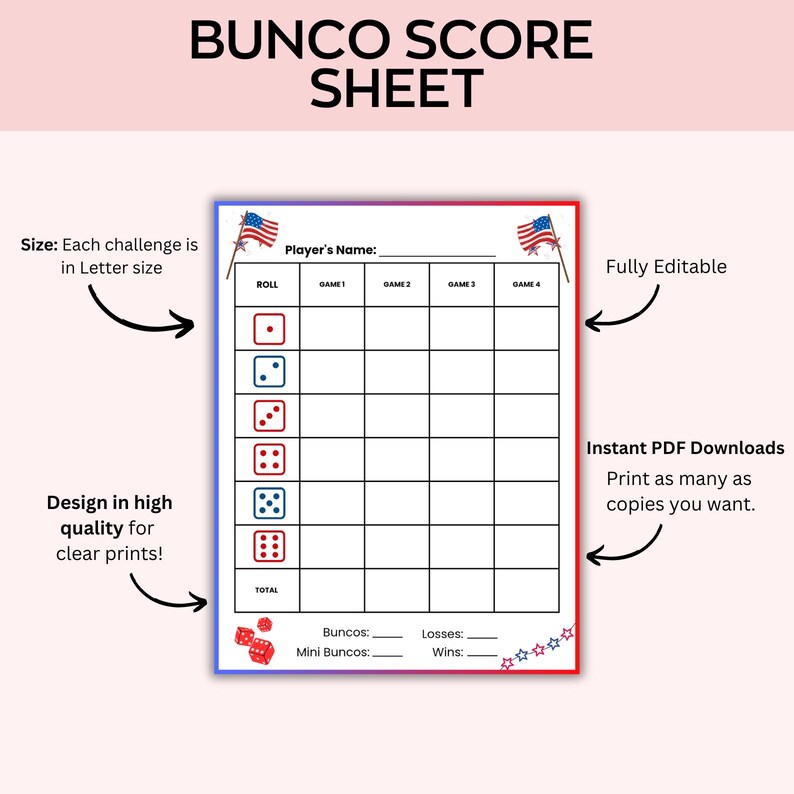 Patriotic Bunco Printable Bundle, Score Cards, Tally and Table Cards ...
