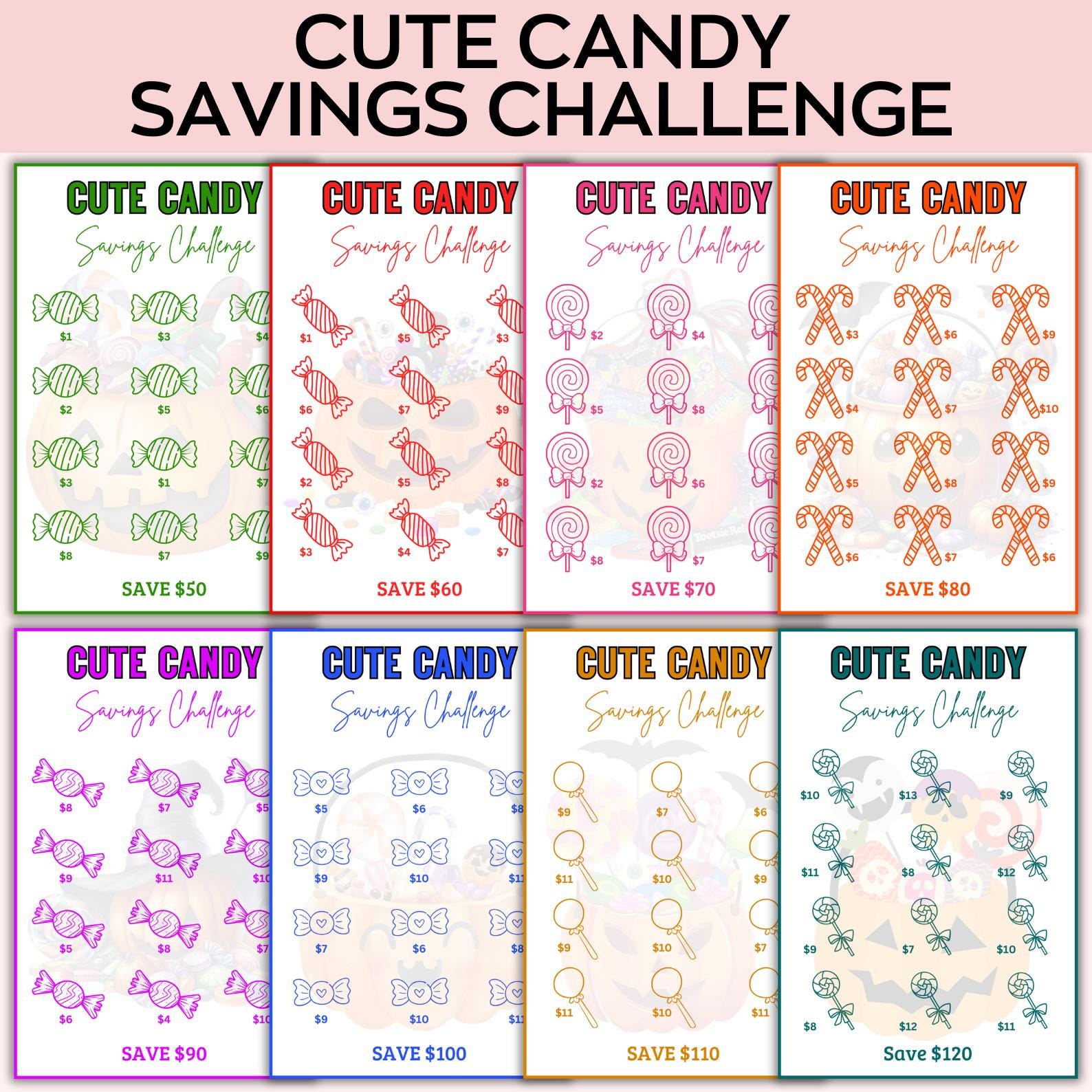 Cute Candy Savings Challenge Printable Bundle, Mini A6 Low-income, Low ...