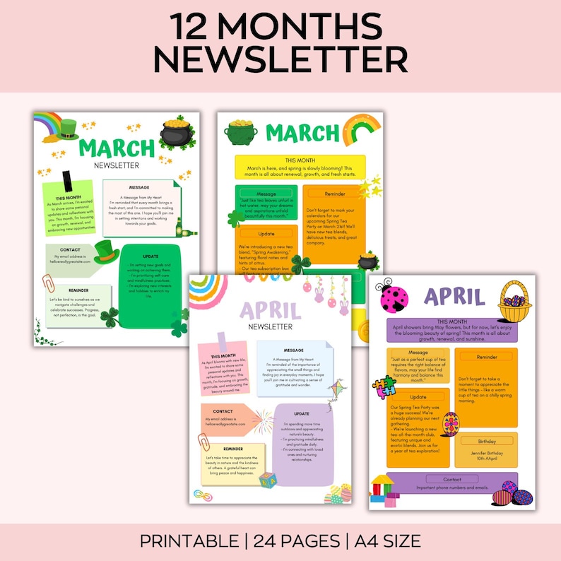 12 Months Fully Editable Newsletter Template Bundle, Teacher Note ...
