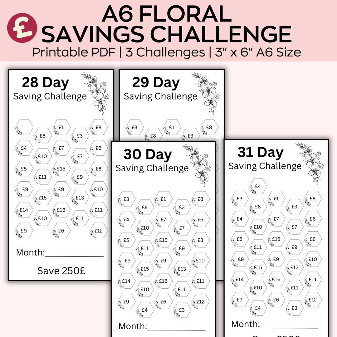 A6 Pounds Savings Challenge Printable, Floral Savings Challenge , 12 ...