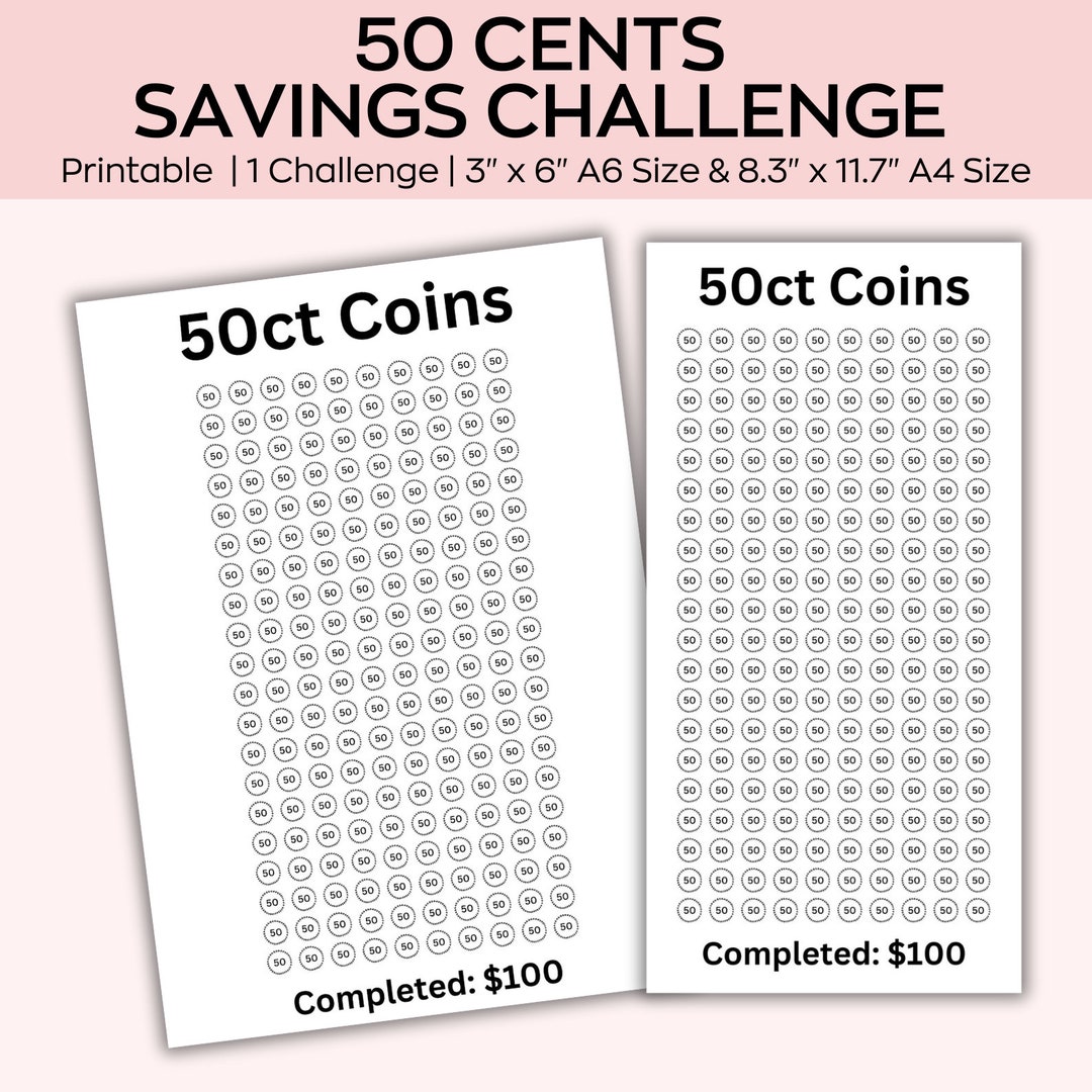 50c Coins or Fifty Cents Money Savings Challenge , A6 and A4 Printable ...