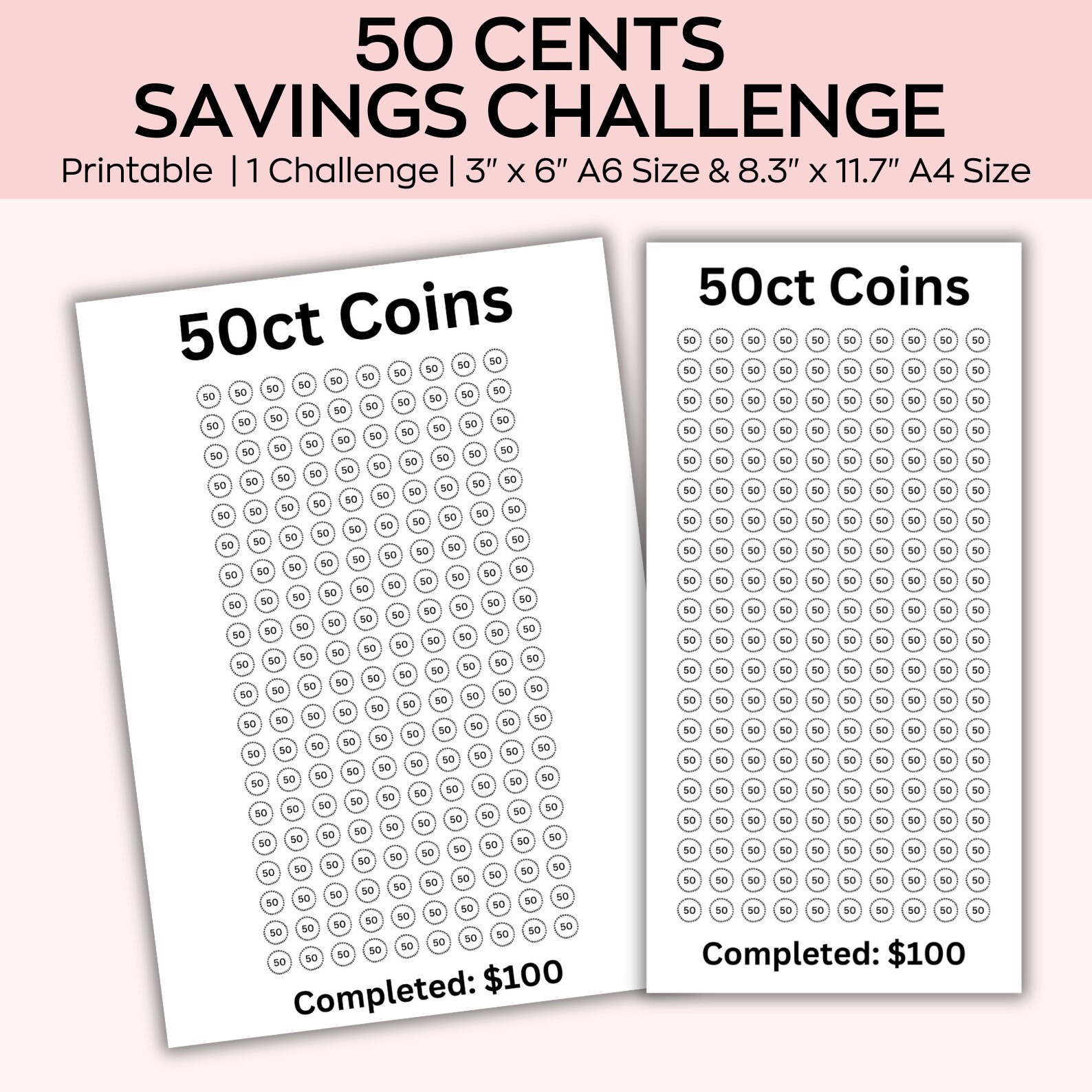 50c Coins or Fifty Cents Money Savings Challenge , A6 and A4 Printable ...