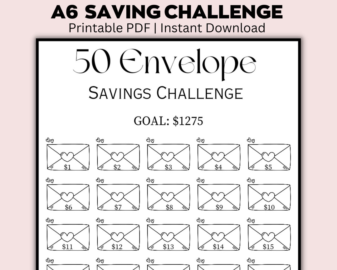 A6 50 Envelope Savings Challenge, Mini Savings Challenge,save 1275 ...