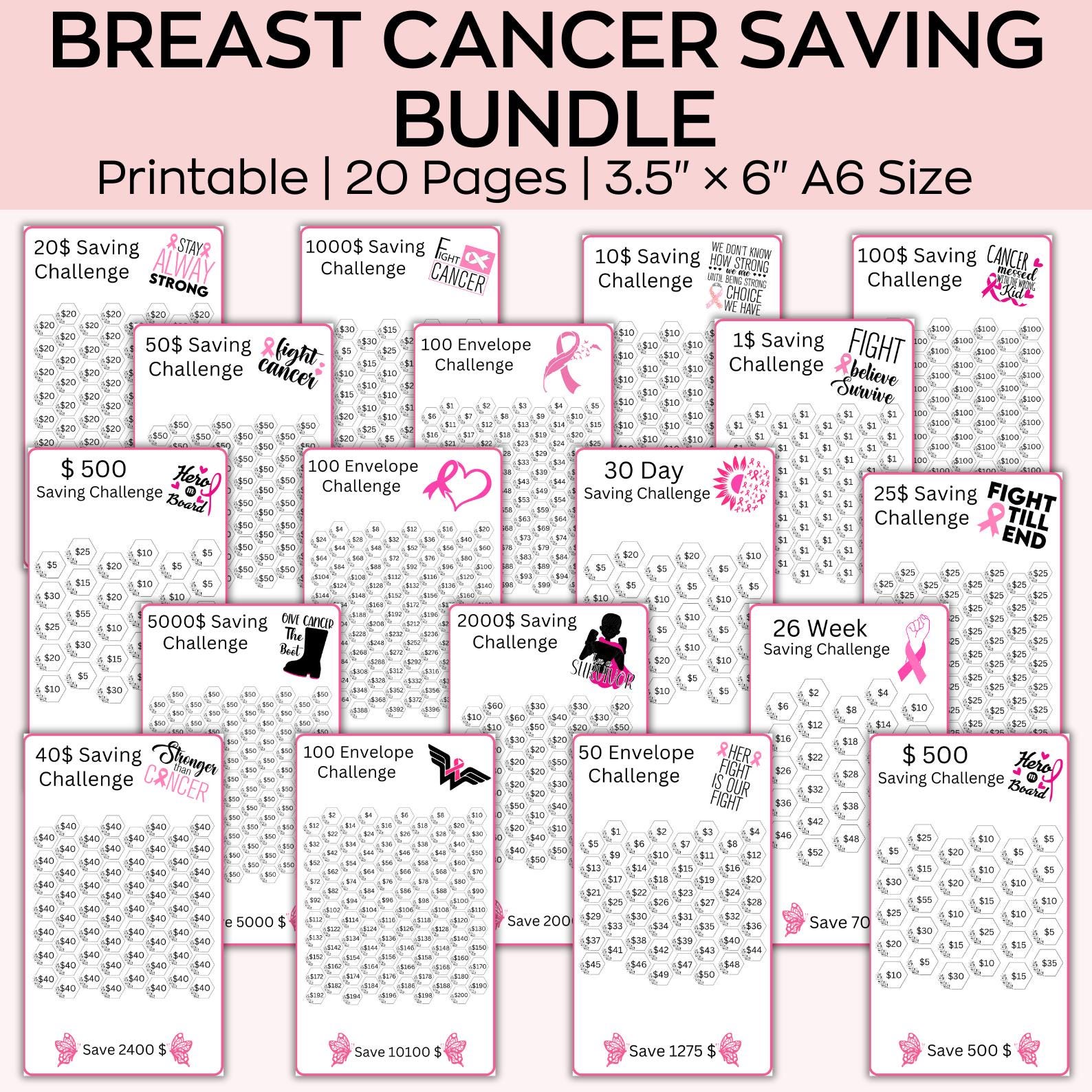 A6 Savings Challenge Printable, Breast Cancer Saving Money Tracker ...