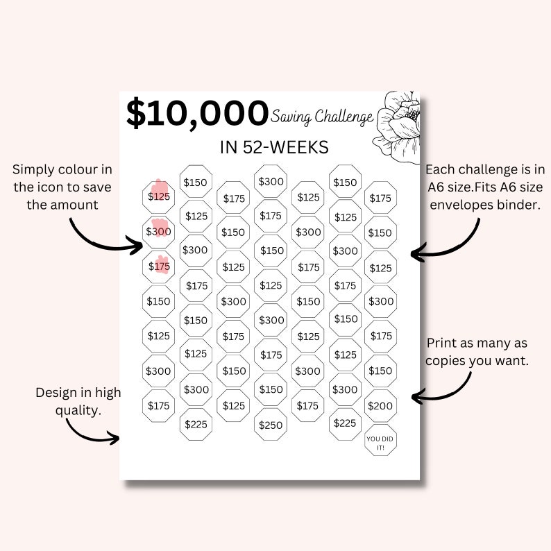 10K Savings Challenge Printable in One Year, Save 10000 in 52 Weeks ...