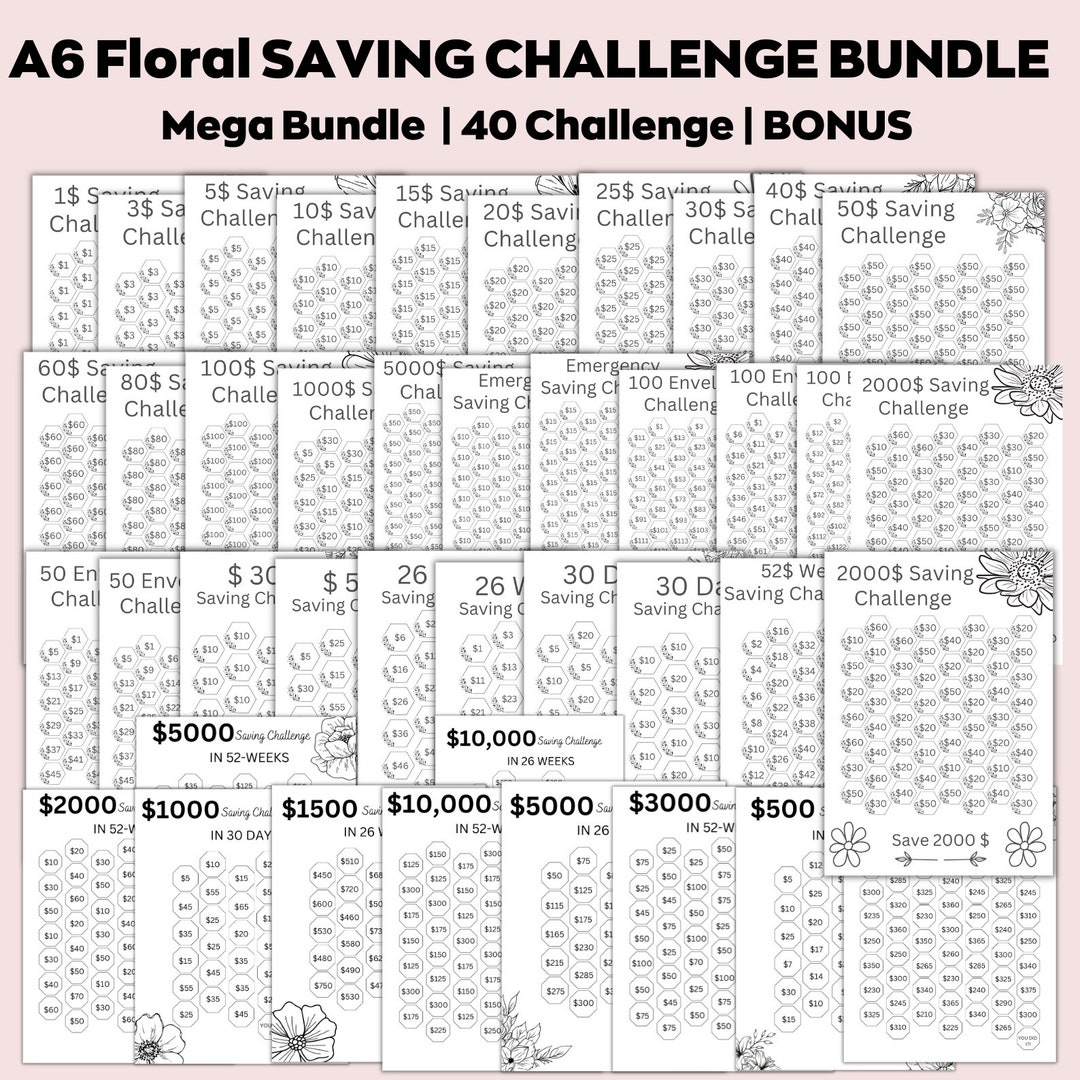 A6 Savings Challenge Printable, Floral Saving Tacker Mega Bundle, 1000 ...