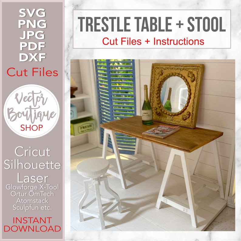 Dollhouse Trestle Table and Stool - SVG Cut Files + Instructions PDF - for Cricut, Silhouette ...