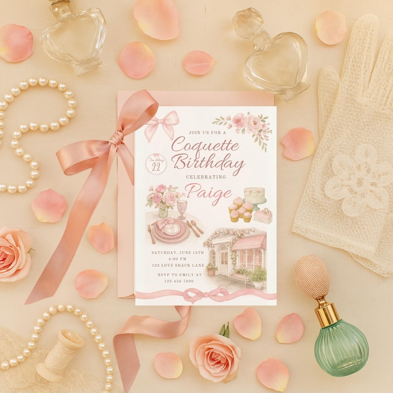 Coquette Birthday Invitation: Pastel Roses & Bows, Editable Canva ...