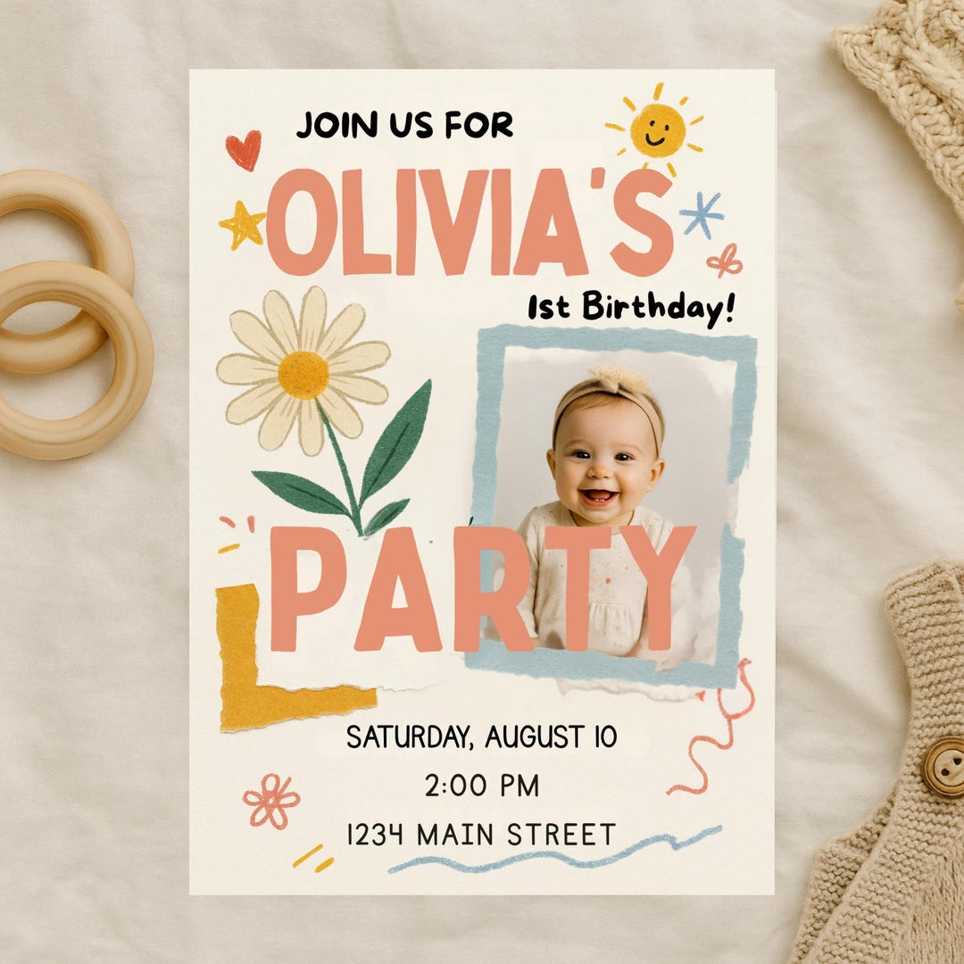 Daisy Doodle Birthday Invitation Template: Editable Photo DIY Party ...