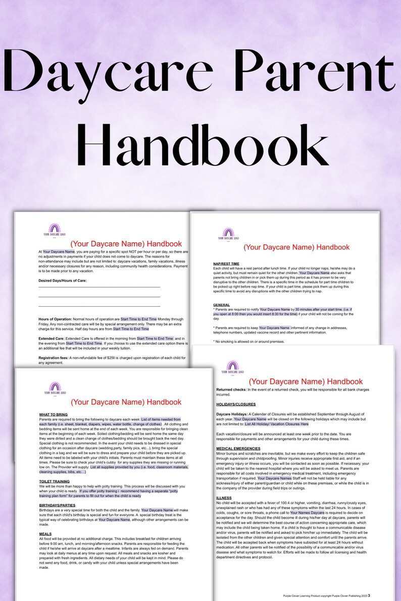 Daycare Registration Handbook/contract/ Perfect for Home Daycares ...