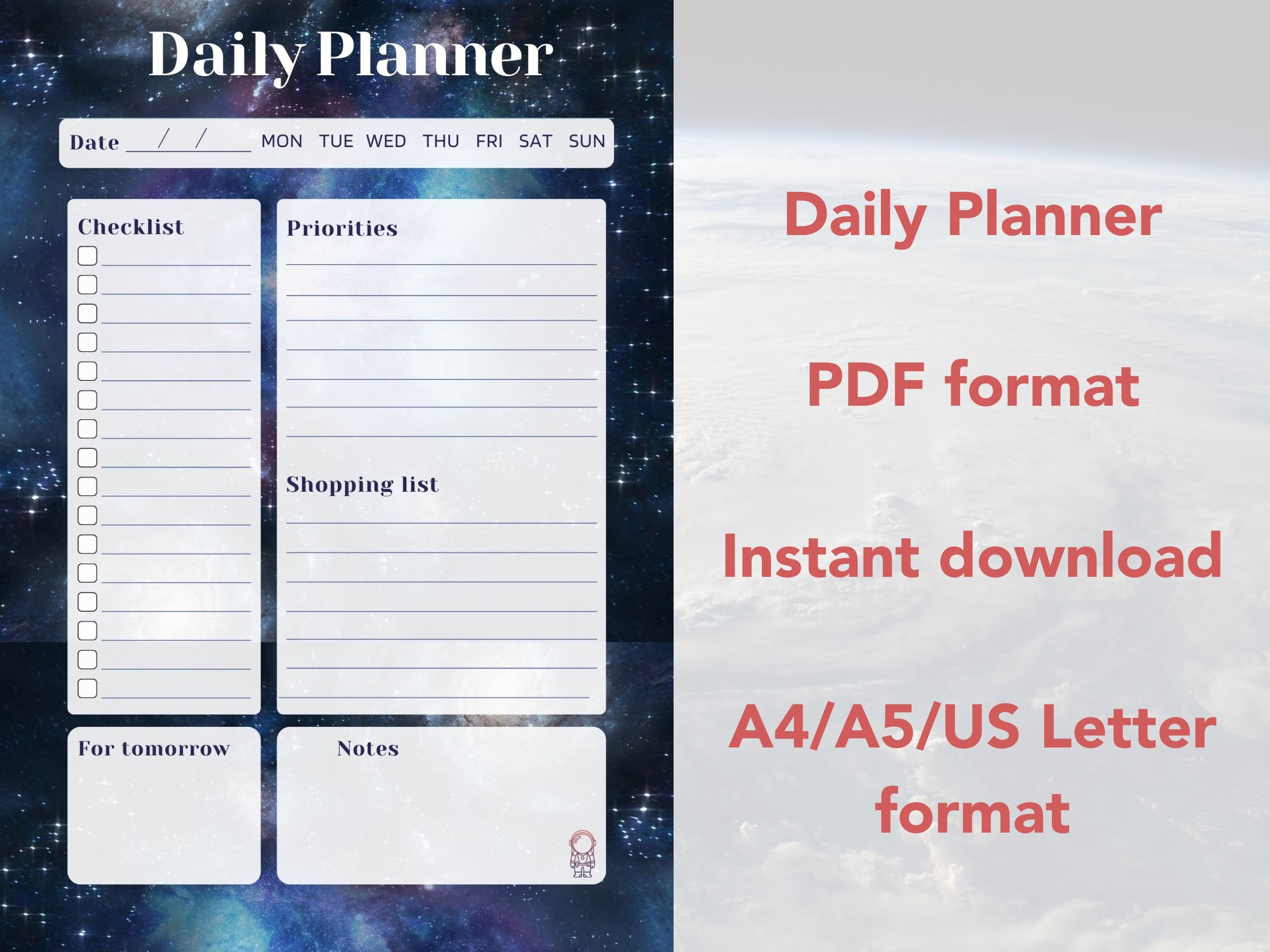 Space Themed Printable Daily and Weekly Planner Astronaut Theme ...
