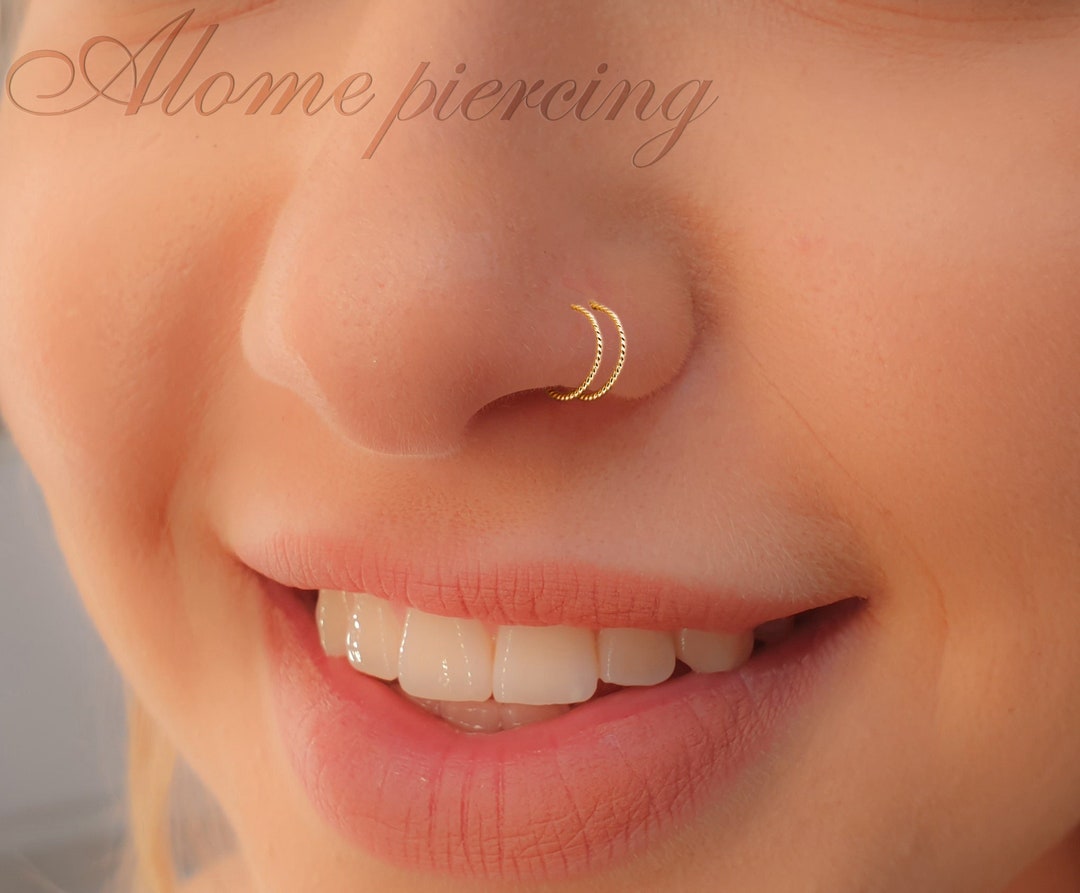 Tiny Gold Double Hoop Nose Ring - Spiral Nose Ring 20 Gauge Snug Double ...
