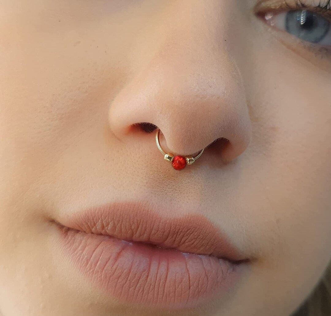 Cute Gold Septum Ring - 3mm Cherry Red Opal _ Thin 20 Gauge Hoop ...