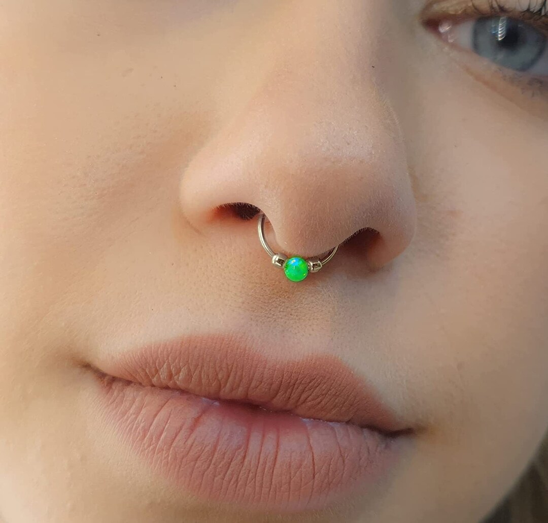 Silver Septum Ring - Green Opal Septum Ring - 20 Gauge Septum Piercing ...