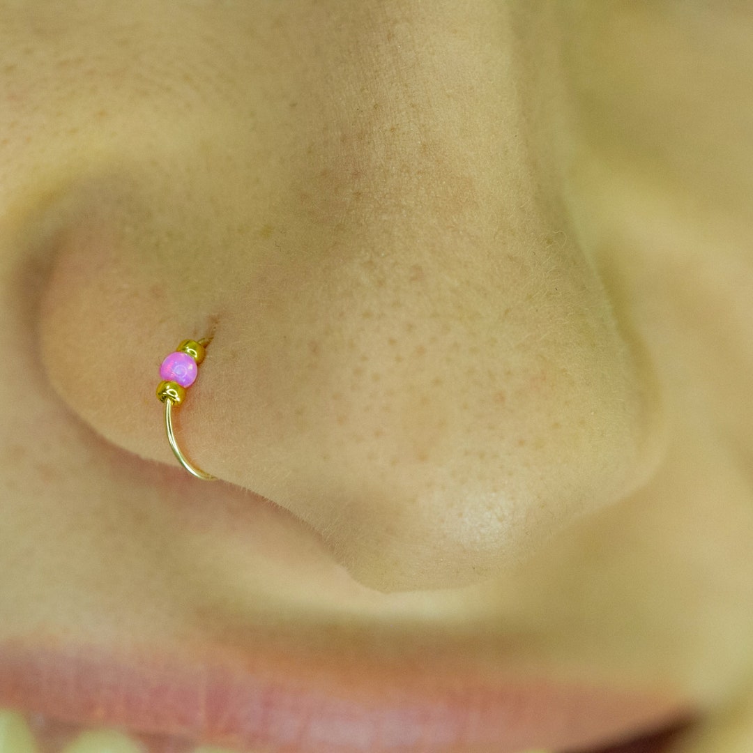 Thin 14k Gold Tiny Nose Ring - 2 Mm Pink Opal Piercing Nose Hoop - 24 ...