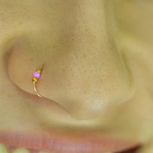 Thin 14k Gold Tiny Nose Ring - 2 Mm Pink Opal Piercing Nose Hoop - 24 ...