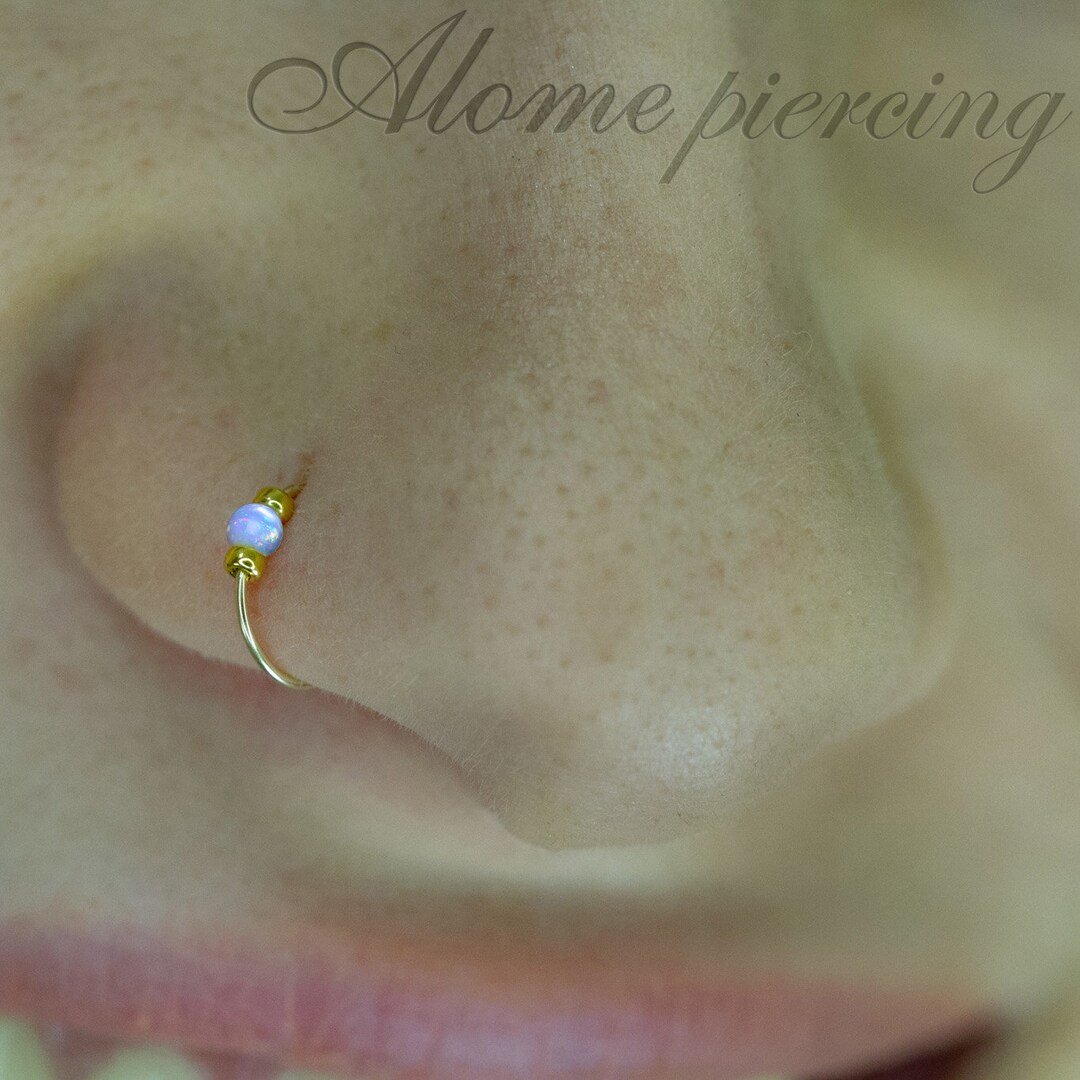 Thin 14k Gold Tiny Nose Ring - 2 Mm Light Blue Opal Piercing Nose Hoop ...