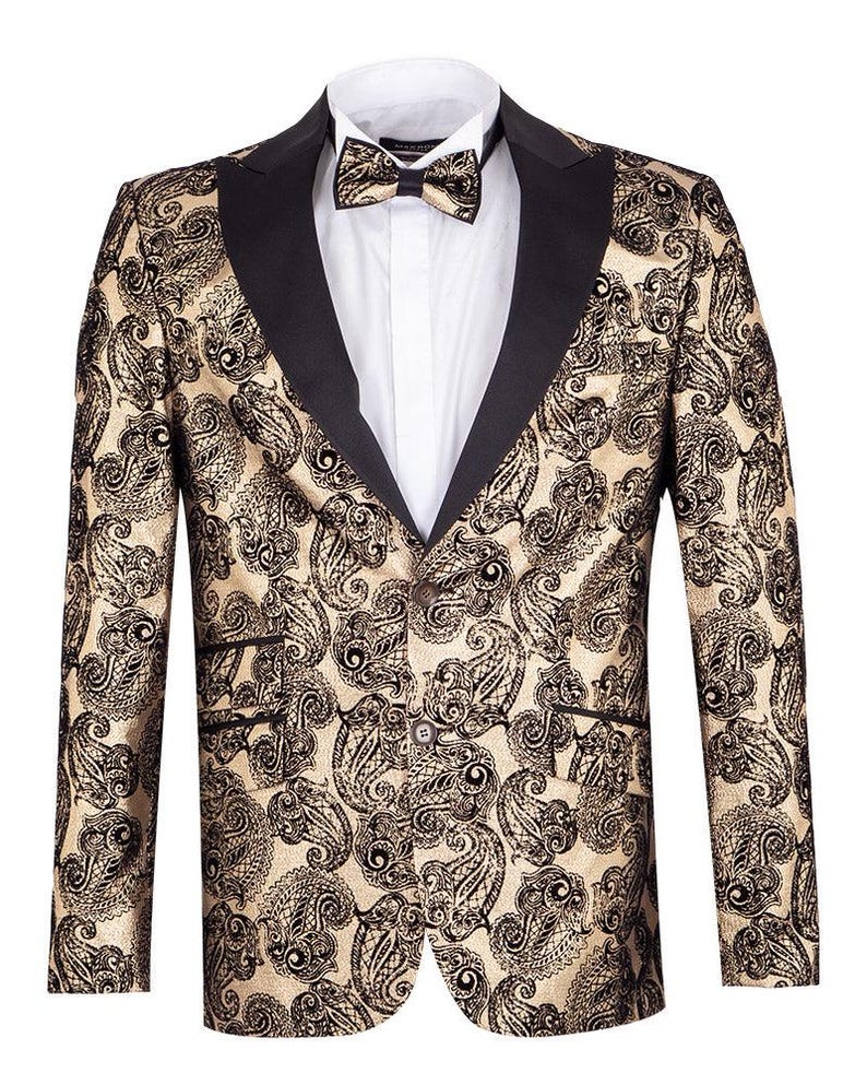 Gold Black Paisley Velvet Design Blazer With Contrasting Lapel Matching Bow Tie - Etsy