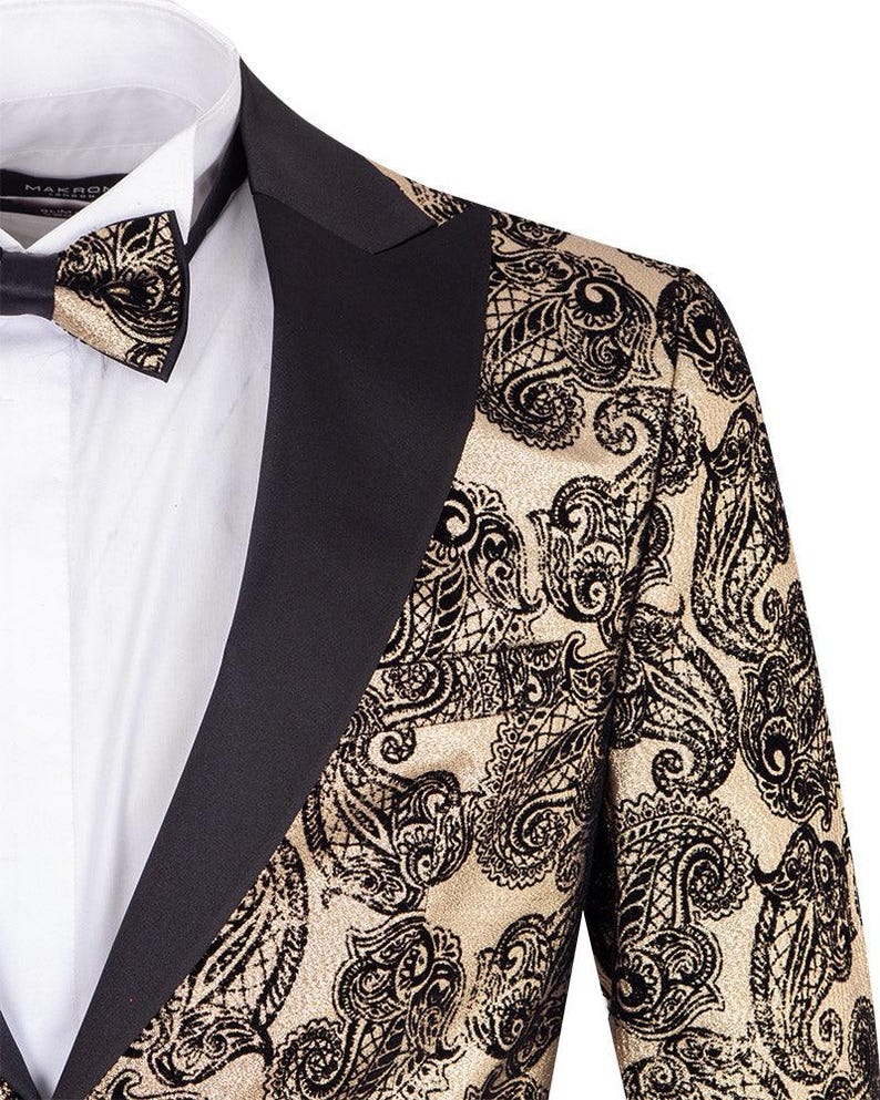 Gold Black Paisley Velvet Design Blazer With Contrasting Lapel Matching Bow Tie - Etsy