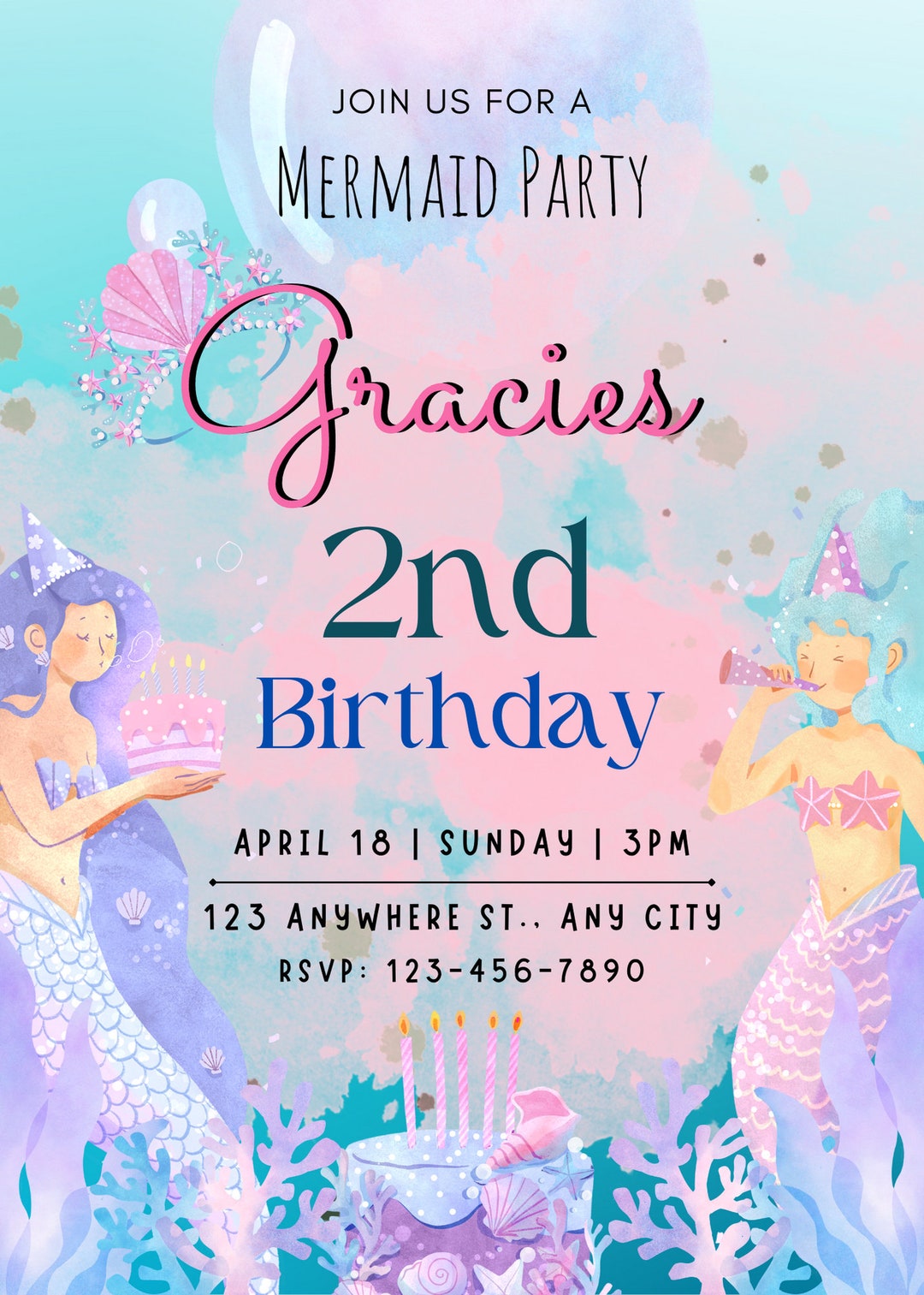 MERMAID Birthday Invitation Girls Party Invite Customizable Mermaid ...