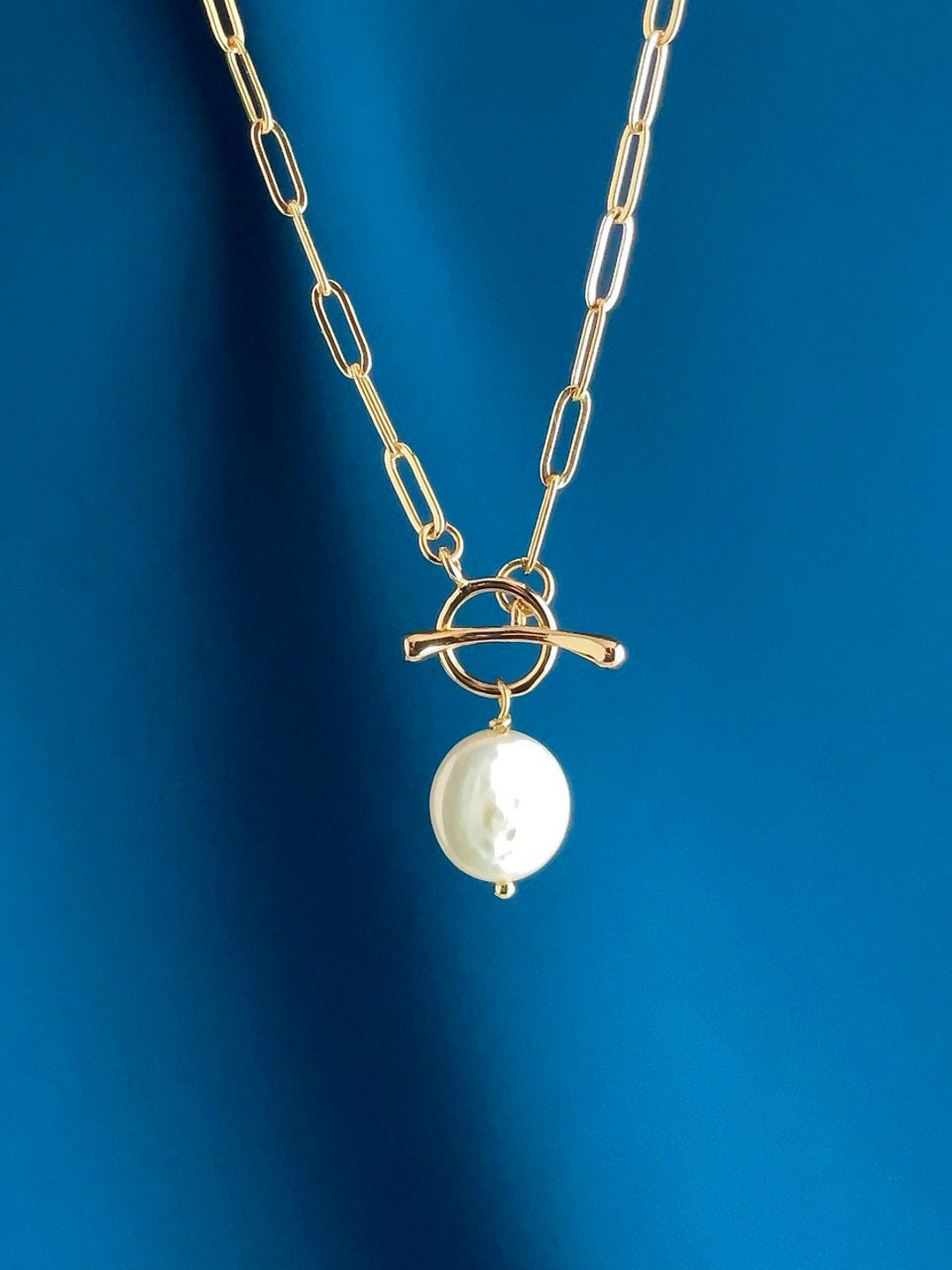 Freshwater Coin Pearl Necklace, Gold Paperclip Chain, Toggle Clasp ...