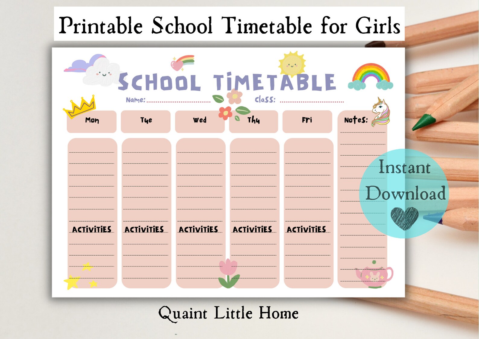 Printable School Timetable School Schedule for Girl Weekly - Etsy