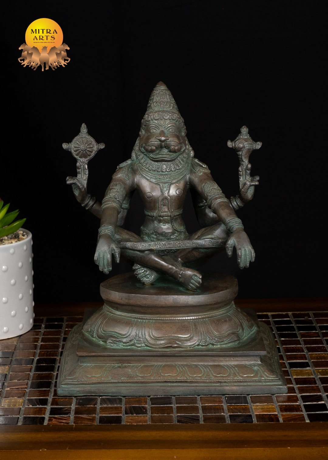 10" Yoga Narasimha Brass Statue - Narasimha Seated in Utkutika Asana, a ...