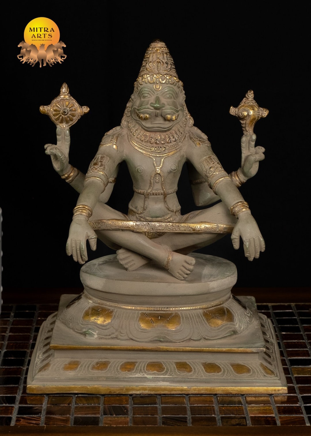 10" Yoga Narasimha Brass Statue - Narasimha Seated in Utkutika Asana, a ...
