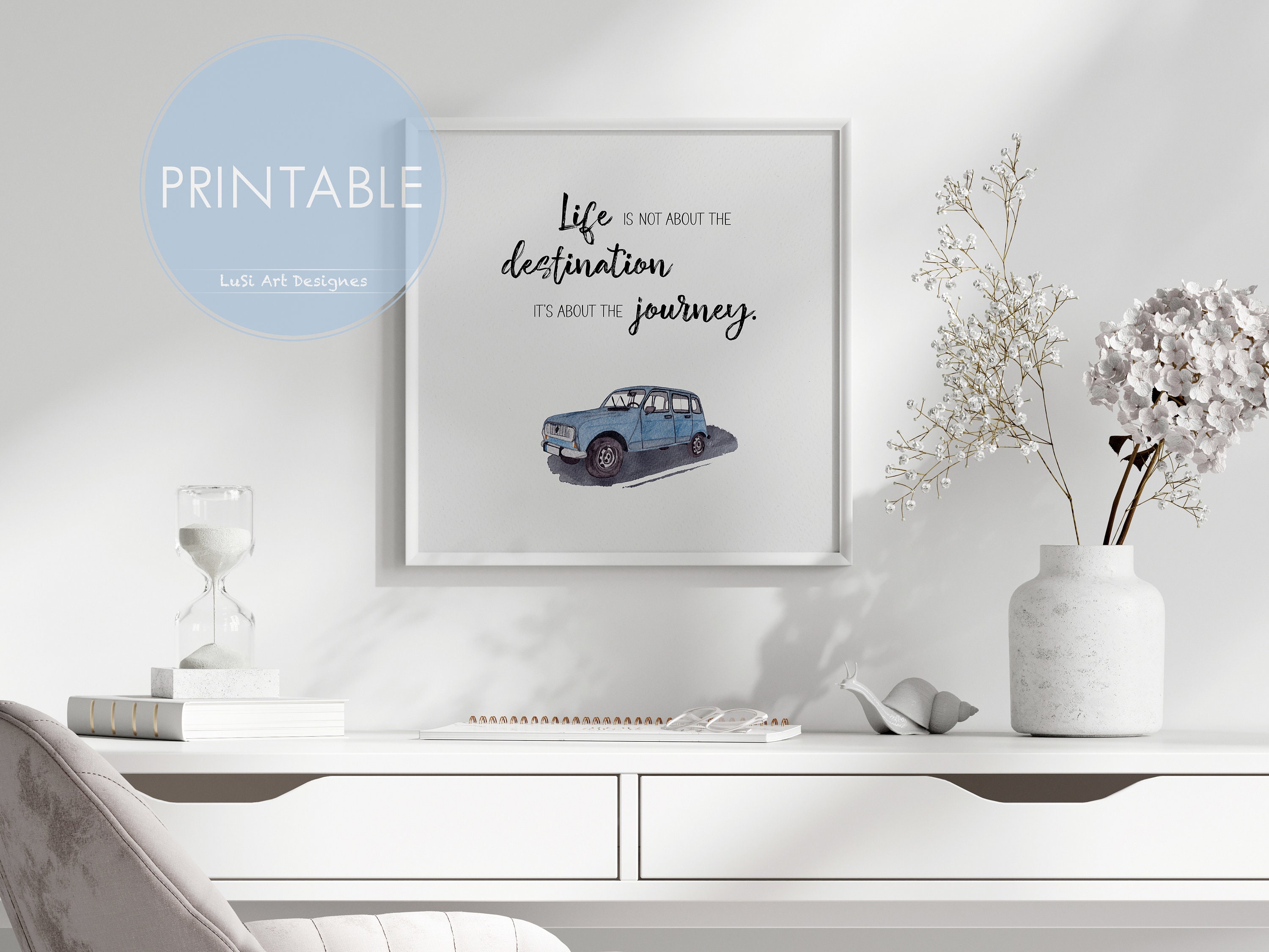 Blue Renault Classic Car | Motivational Quote | Watercolor Illustration ...
