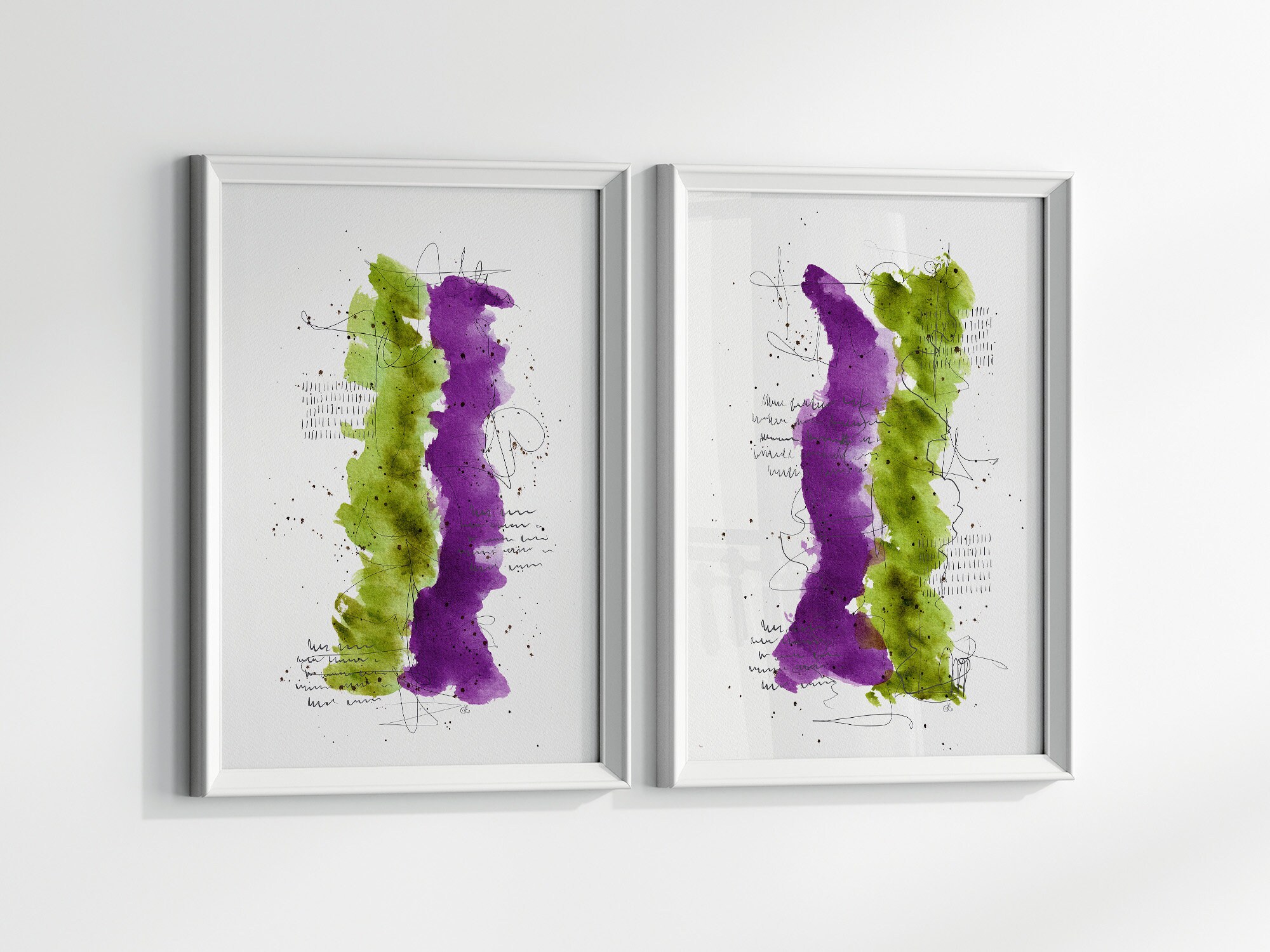 Green Purple Abstract Paintings Set of 3 Mixed Media Abstract Wall Art ...