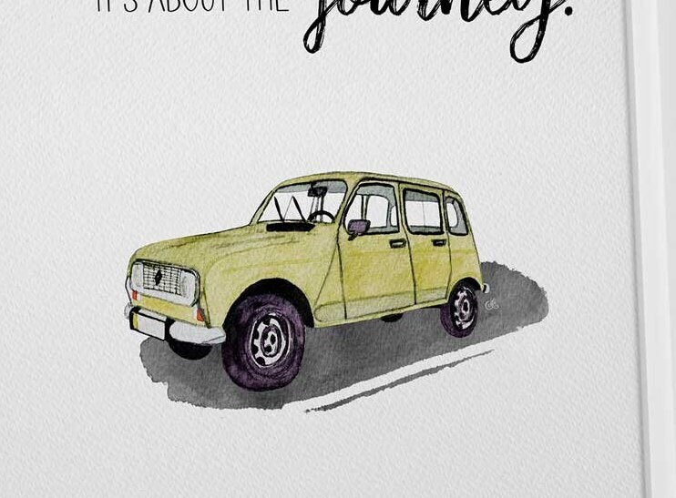 Yellow Renault Classic Car Motivational Quote Watercolor Illustration ...