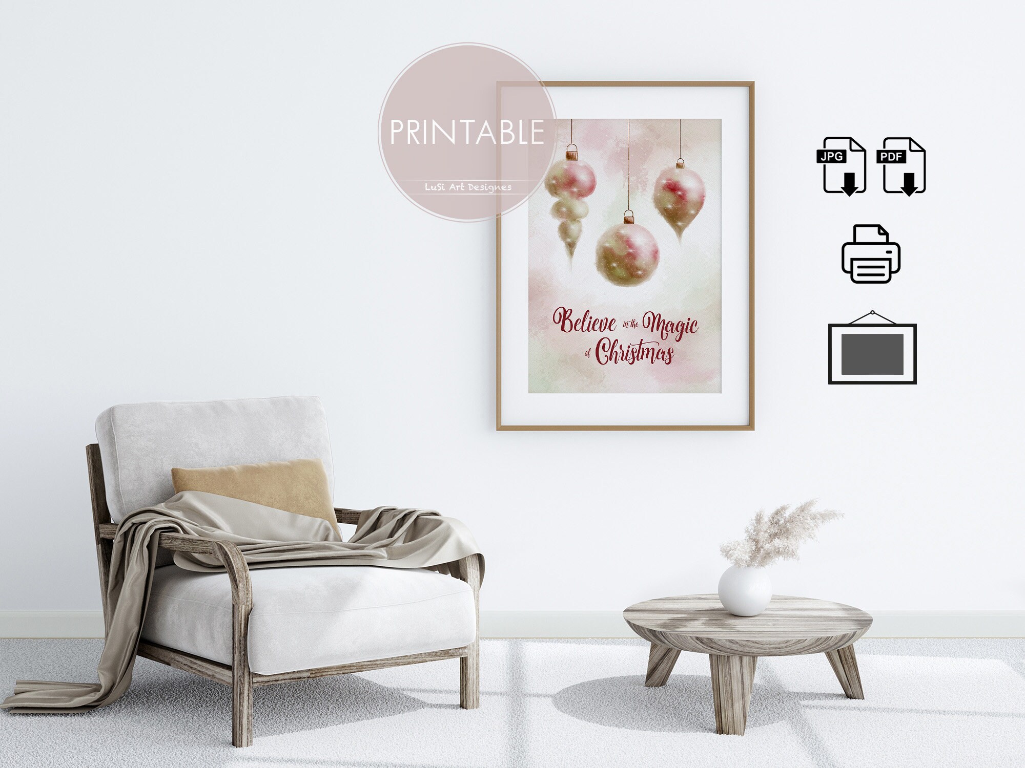 Red Magical Ornaments Printable Watercolor Art Christmas Art Print Home ...