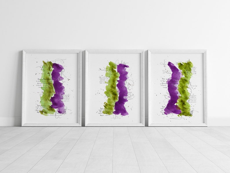 Green Purple Abstract Paintings Set of 3 | Mixed Media Abstract Wall ...