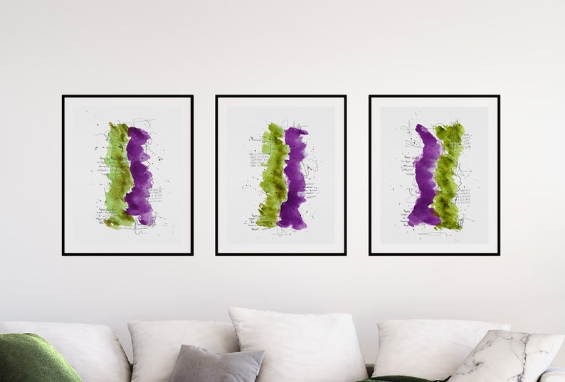 Green Purple Abstract Paintings Set of 3 | Mixed Media Abstract Wall ...