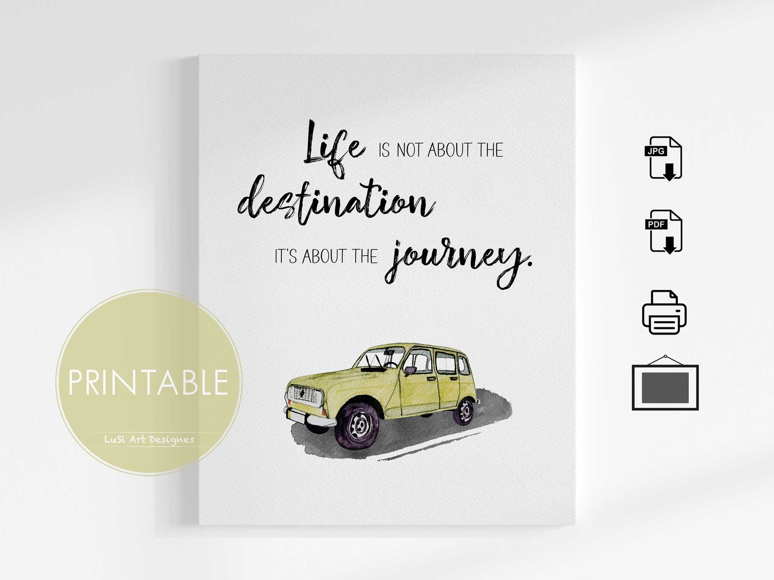 Yellow Renault Classic Car | Motivational Quote | Watercolor ...