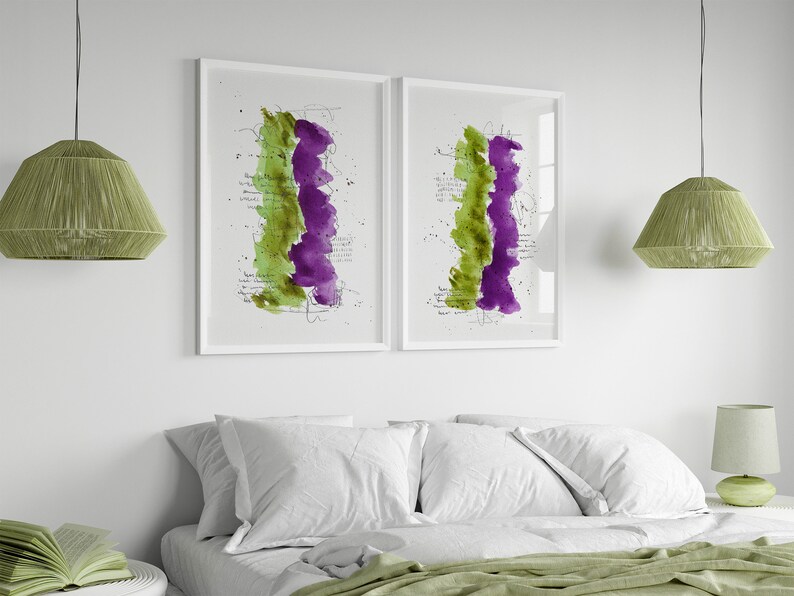 Green Purple Abstract Paintings Set of 3 Mixed Media Abstract Wall Art ...
