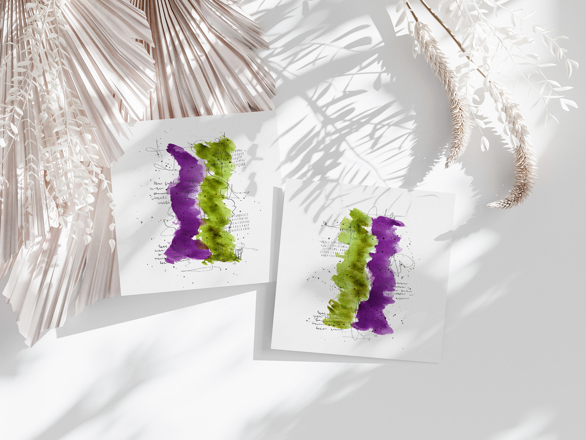 Green Purple Abstract Paintings Set of 3 Mixed Media Abstract Wall Art ...