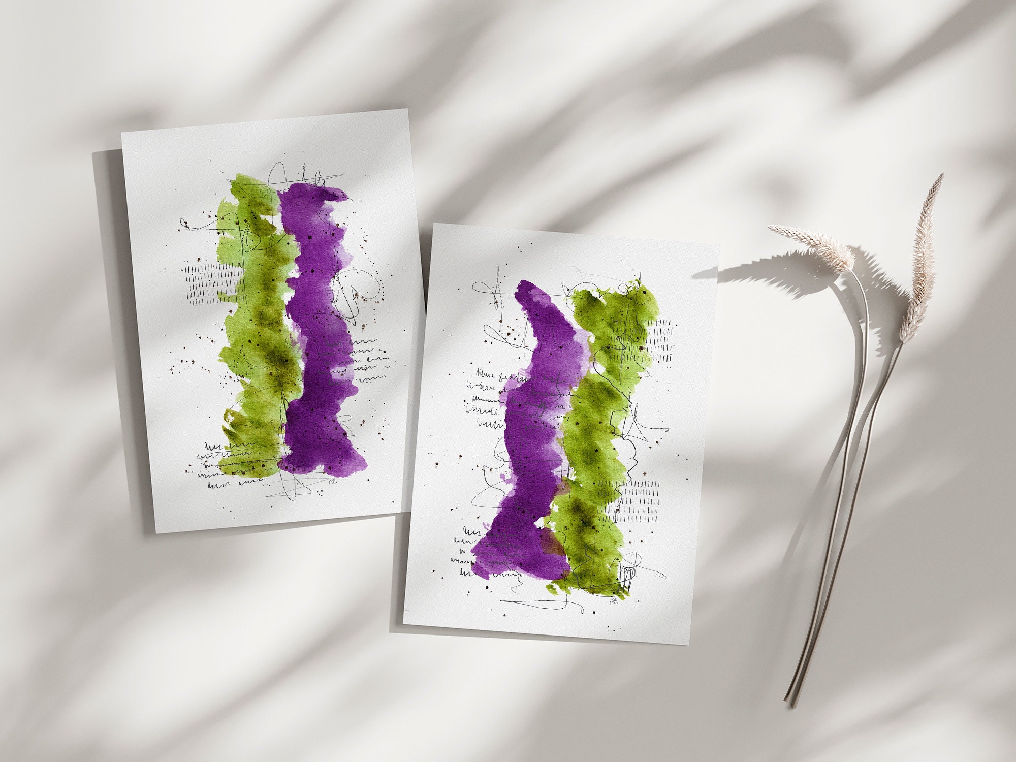 Green Purple Abstract Paintings Set of 3 Mixed Media Abstract Wall Art ...