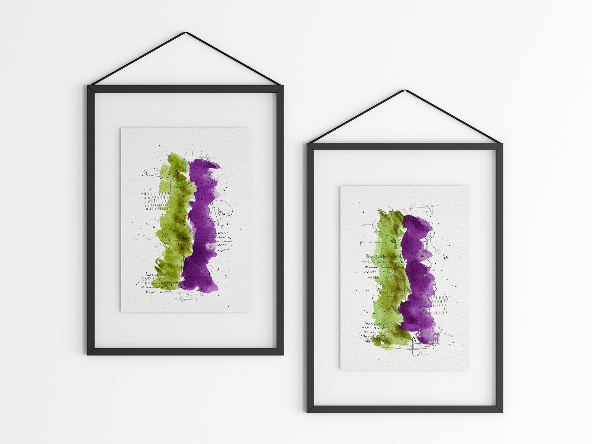 Green Purple Abstract Paintings Set of 3 Mixed Media Abstract Wall Art Extra Large Printable ...