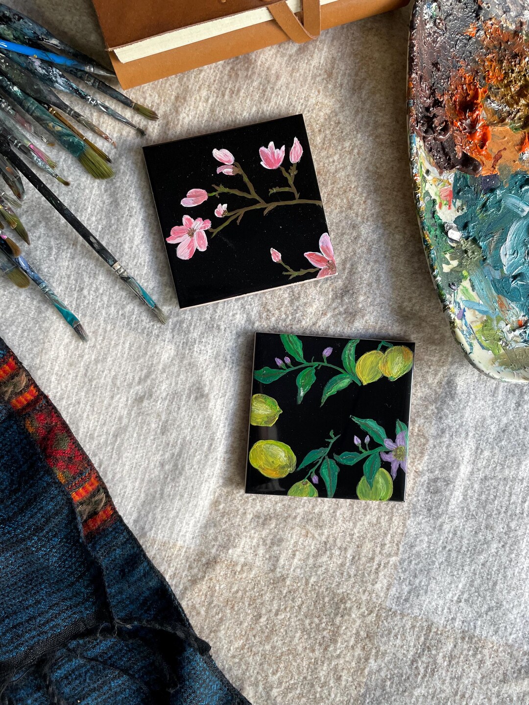 Painted Coasters- Hand Painted Marble Tile Coasters- Magnolia Coaster ...