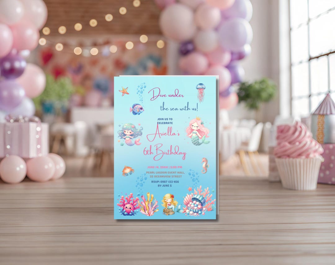 Mermaid Birthday Invitation, Watercolor Under the Sea Party Template ...
