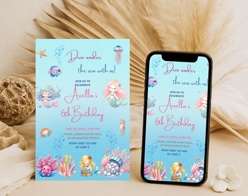 Mermaid Birthday Invitation, Watercolor Under the Sea Party Template ...