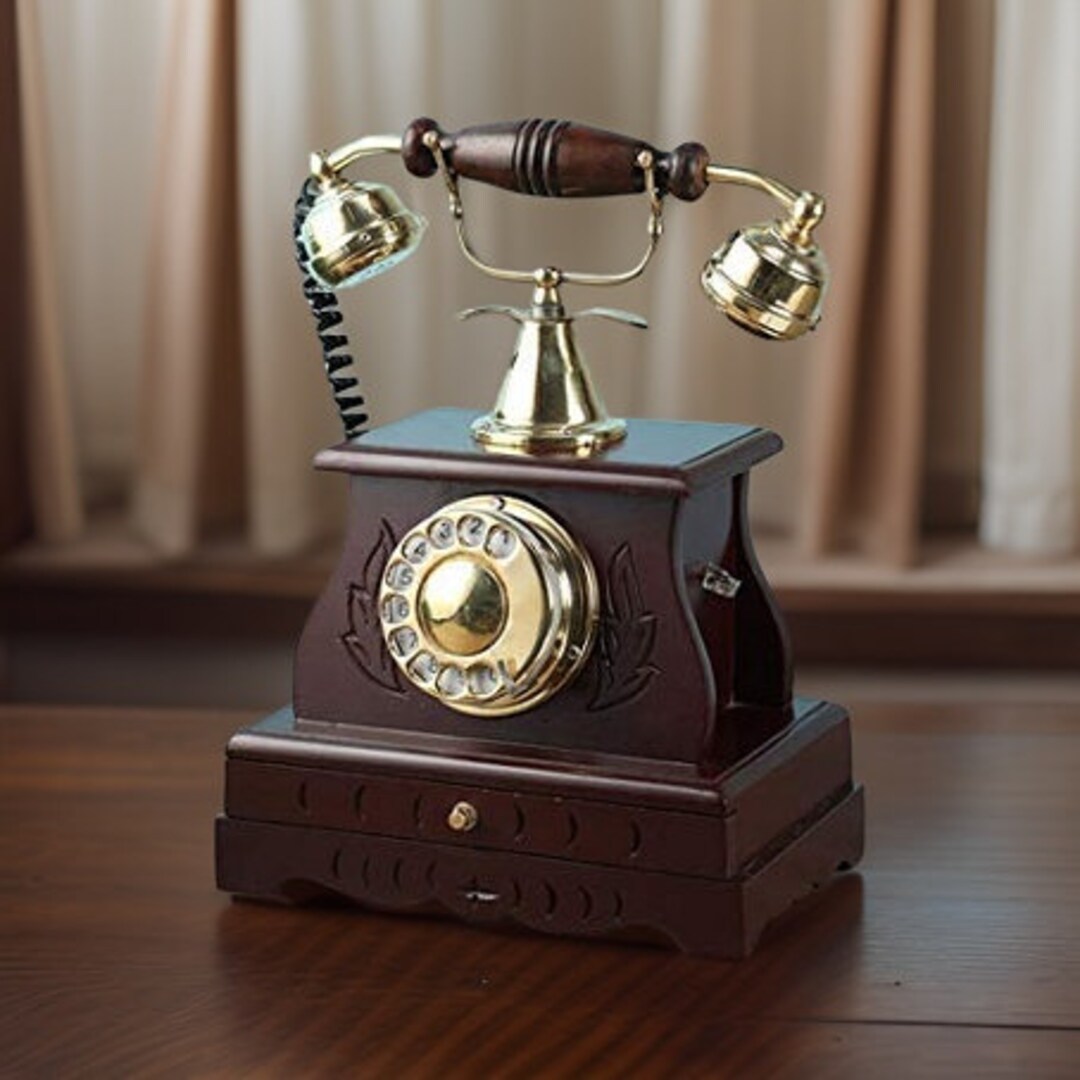 Decorative Antique Retro Dial Candlestick Telephone Wooden Base Brass ...