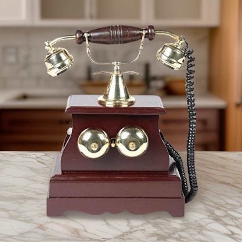 Decorative Antique Retro Dial Candlestick Telephone Wooden Base Brass ...