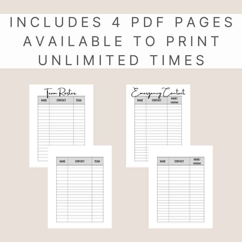 Roster Bundle/team Roster and Emergency Contact/cheer Team Roster ...