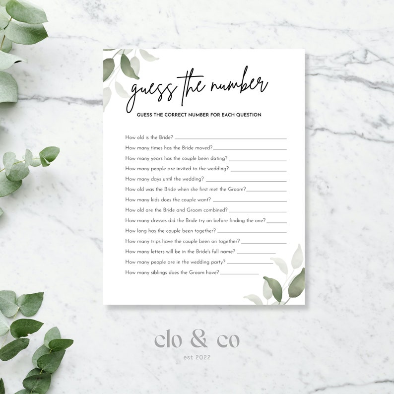 Guess the Number Game Card Watercolor Greenery Bachelorette Party Game ...