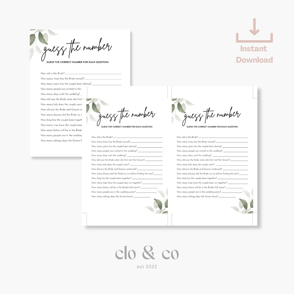 Guess the Number Game Card Watercolor Greenery Bachelorette Party Game ...