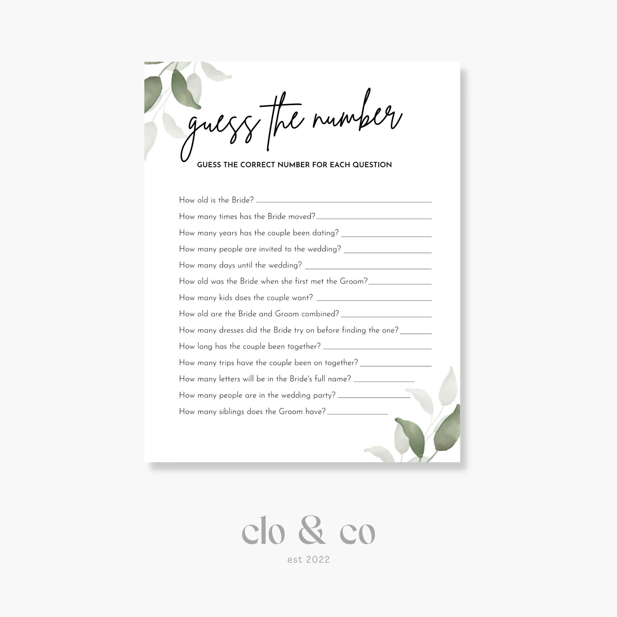Guess the Number Game Card Watercolor Greenery Bachelorette Party Game ...